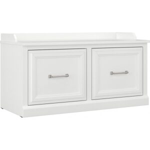 bush furniture woodland 40w shoe storage bench with doors in white ash | footwear organizer for home entryway, mudroom, and foyer