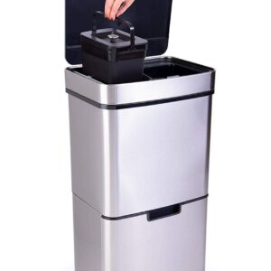 Displays2go 11 Gallon Stainless Steel Trash Bin, Motion Sensor, w/Drawer - Silver (FGETCSS67)