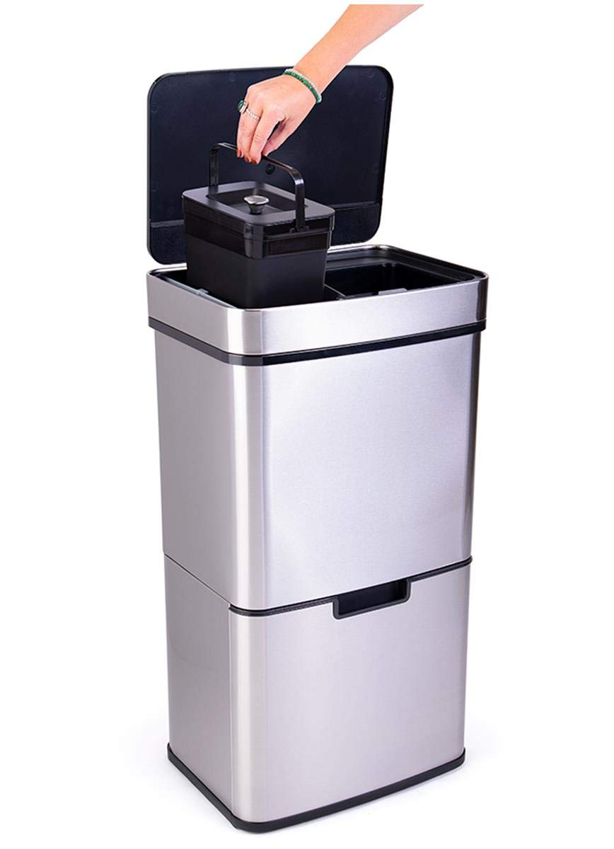 Displays2go 11 Gallon Stainless Steel Trash Bin, Motion Sensor, w/Drawer - Silver (FGETCSS67)