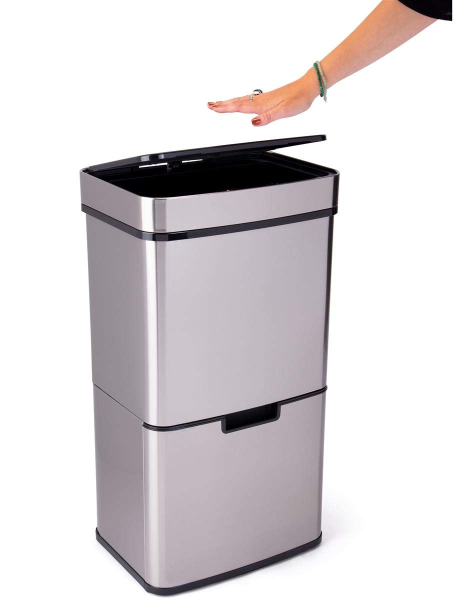 Displays2go 11 Gallon Stainless Steel Trash Bin, Motion Sensor, w/Drawer - Silver (FGETCSS67)