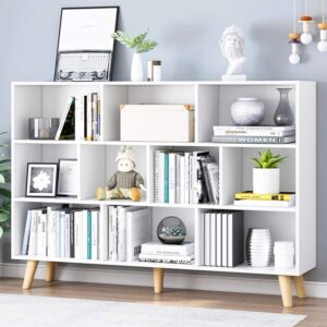 iotxy wooden open shelf bookcase - 3-tier floor standing display cabinet rack with legs, 10 cubes bookshelf, warm white