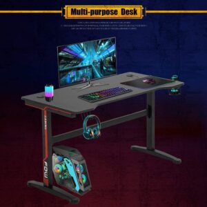 Computer Desk Gaming Desk 47 inches Office Desk Carbon Fiber Cup Holder and Socket Rack Full-Surface Mouse Pad