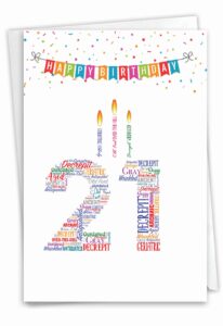 nobleworks - 21st happy birthday card milestone - fun bday celebration notecard with envelope, 21 year old congrats - word cloud 21 c9406mbg