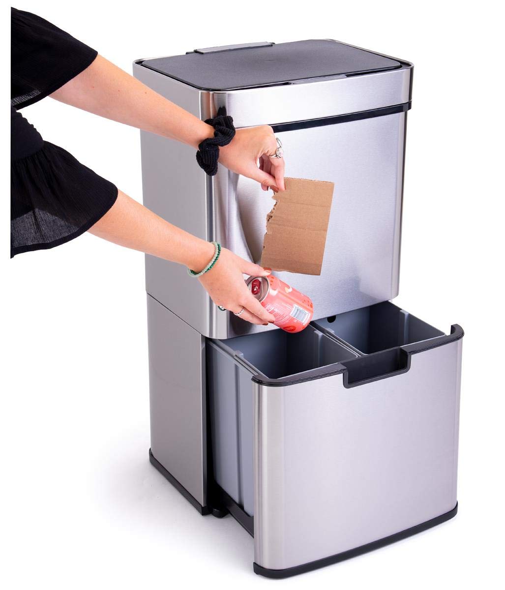 Displays2go 11 Gallon Stainless Steel Trash Bin, Motion Sensor, w/Drawer - Silver (FGETCSS67)