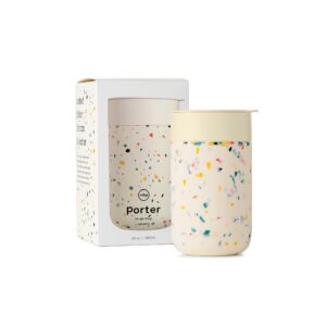 W&P Porter Travel Protective Silicone Sleeve, 16 Ounce Terrazzo Cream, Reusable Cup for Coffee or Tea, Portable Ceramic Mug with BPA-Free Press-Fit Lid, Dishwasher Safe, On-The-Go