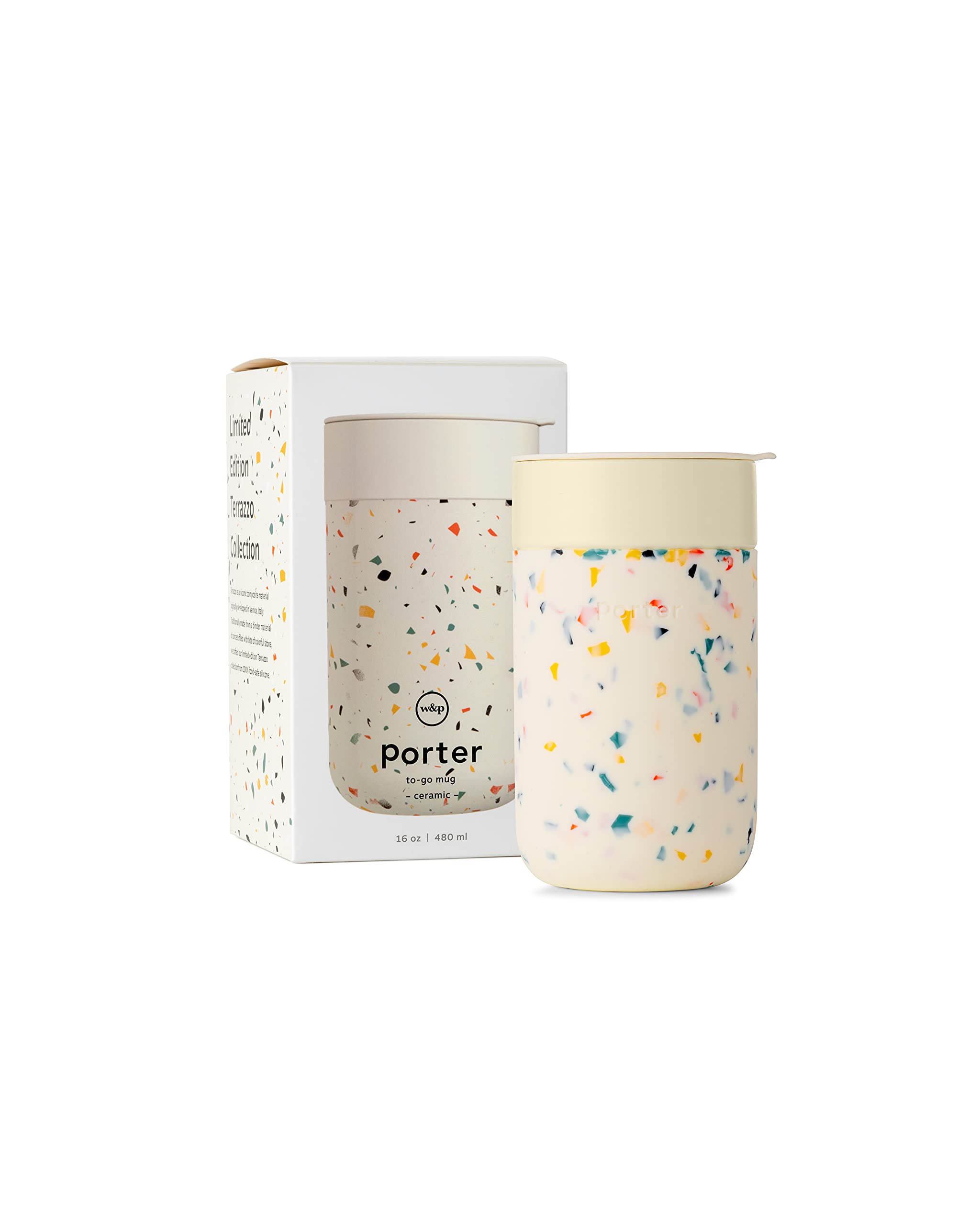 W&P Porter Travel Protective Silicone Sleeve, 16 Ounce Terrazzo Cream, Reusable Cup for Coffee or Tea, Portable Ceramic Mug with BPA-Free Press-Fit Lid, Dishwasher Safe, On-The-Go