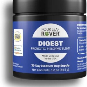 Four Leaf Rover Digest - Digestive Enzymes with Probiotics for Dogs - 15 to 45 Day Supply, Depending on Dog’s Weight - Daily Gut and Immune Support - Vet Formulated - Easy to Mix