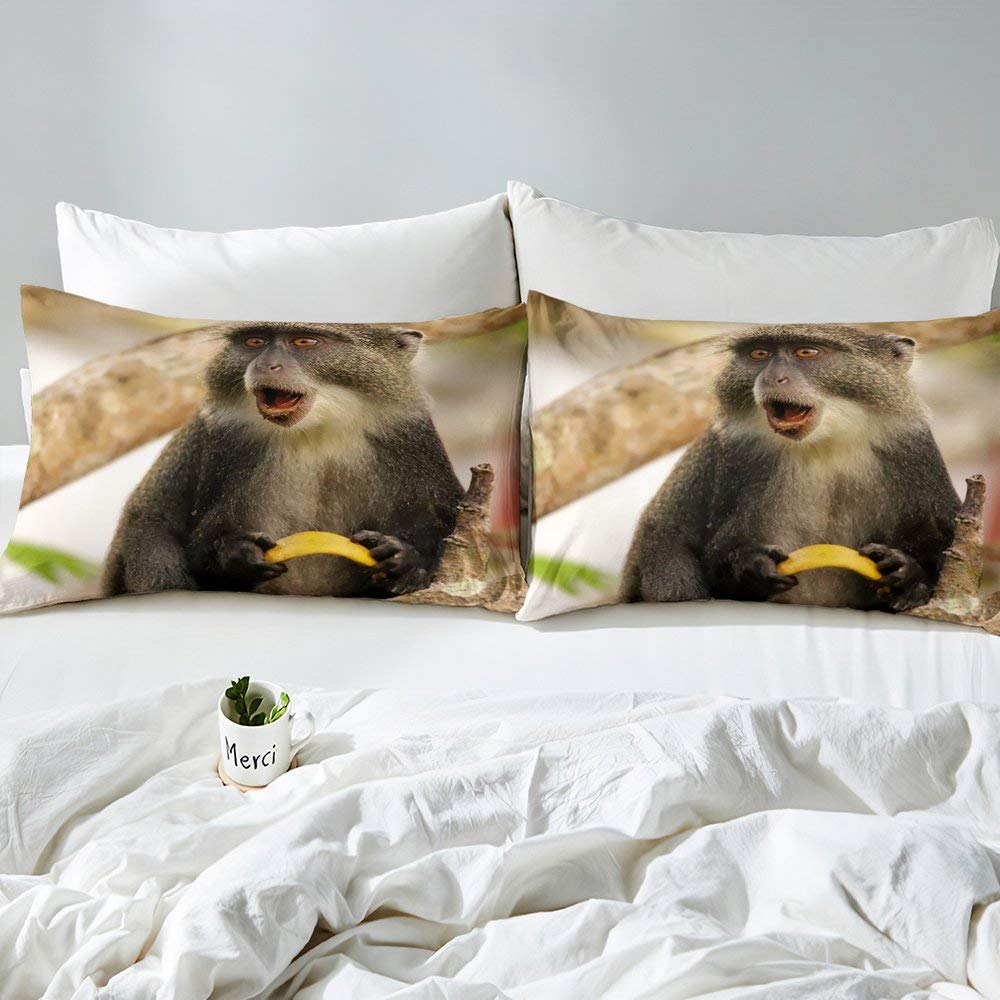 Homewish 3D Monkey Bedding Set 2pcs for Kids Boys Teens Monkey with Banana on Tree Comforter Cover Animal Theme Duvet Cover Set Microfiber Bedspread Cover with 1 Pillow Case(No Comforter) Twin Size