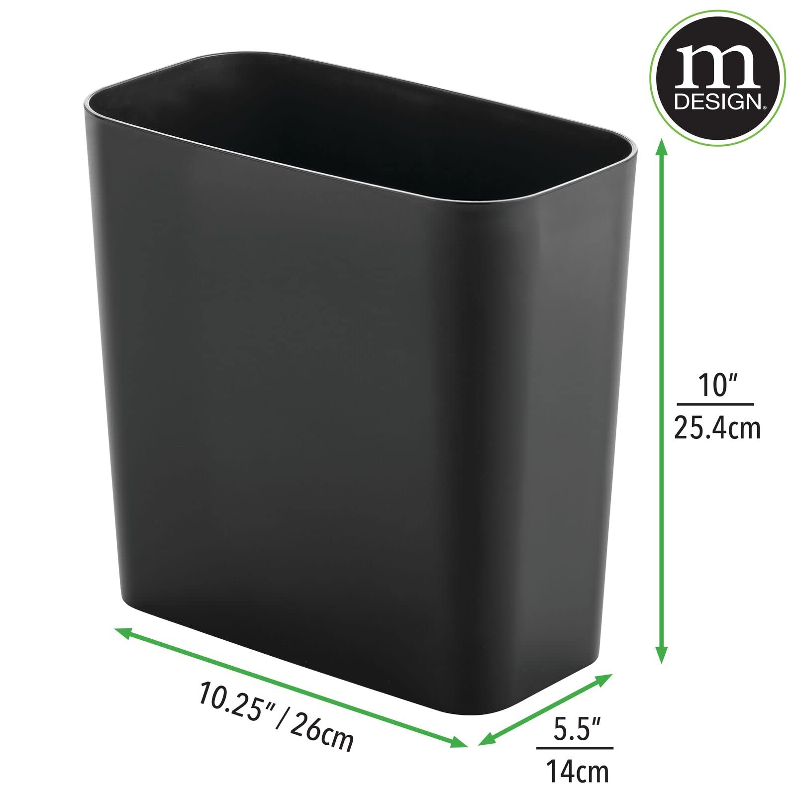 mDesign Small Plastic 1.8 Gallon Trash Can Wastebasket Garbage Bin for Bathroom - Slim Rubbish Waste Bin Trashcan for Master/Guest Bath, Bedroom, Kitchen, Laundry Room, Office, Casi Collection - Black