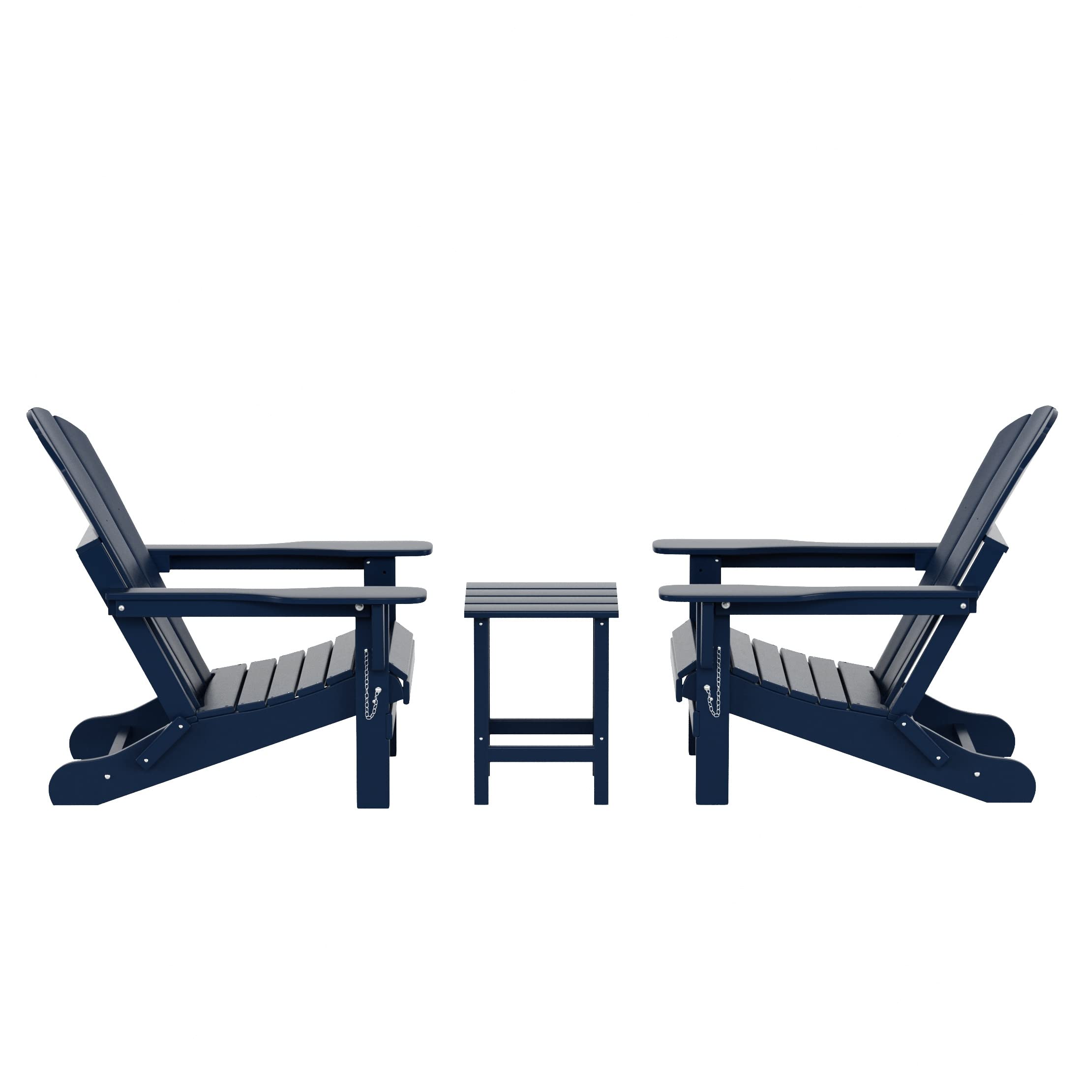 WO Home Furniture Adirondack Chairs Table Set of 3 PCS Outdoor Folding Chairs Side End Table Weather/UV Resistant for Lawn, Garden, Bon Fire, Balcony (Navy Blue)