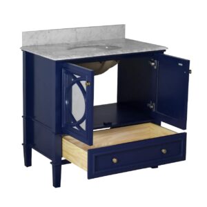 Olivia 36-inch Bathroom Vanity (Carrara/Royal Blue): Includes Royal Blue Cabinet with Authentic Italian Carrara Marble Countertop and White Ceramic Sink