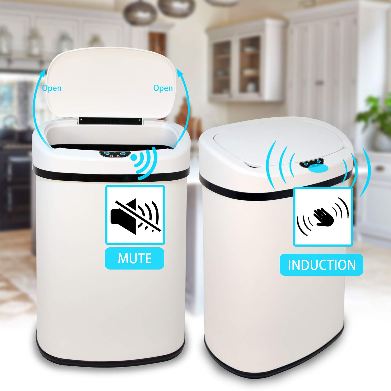 HCB Trash Can Automatic Waste Bin Mute Metal Garbage Can with Lid Stainless Steel 13 Gallon 50 Liter for Kitchen | Office | Bedroom | Bathroom | Living Room (White)