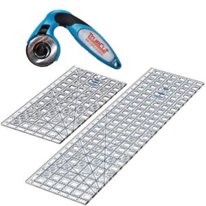 truecut rotary cutter set - 3 items: large truecut quilting ruler (24.5-inch by 6.5-inch), medium truecut quilting ruler (12.5-inch by 6.5-inch) and my comfort cutter ergonomic rotary cutter (45mm)