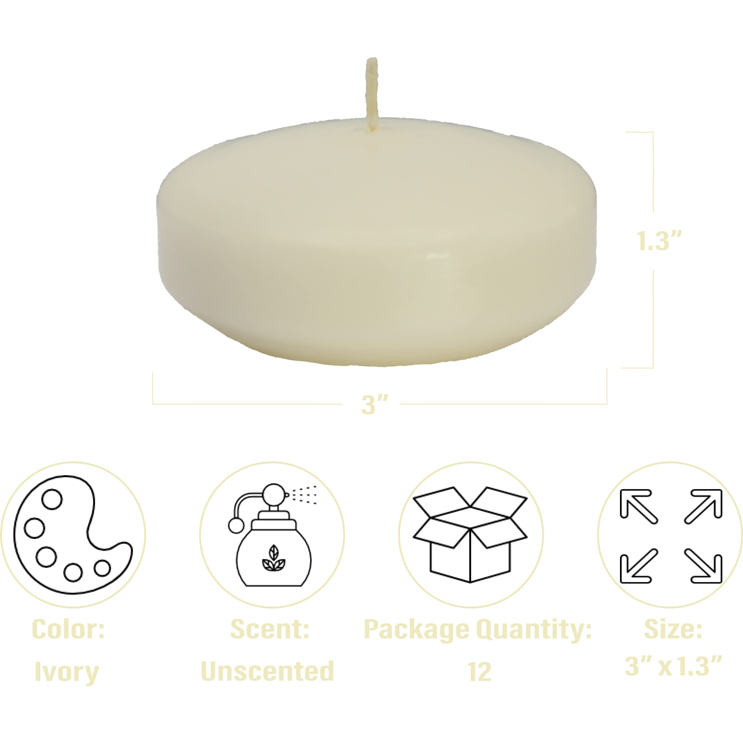 CandleNScent Unscented Floating Candles | Large 3 Inch - Fits in 3 Inch Vase and Above | Ivory| Floats On Water | Pack of 12