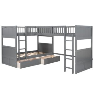 Triple Bunk Beds, L-Shaped Bunk Bed for 3 with Drawers,Twin Over Twin Wood Bunk Bed and Loft Bed with Storage for Kids, Boys, Girls, Teens, Adults, Gray