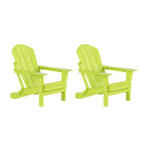 wo home furniture set of 2pcs hdpe adirondack chairs lounger outdoor folding seat for fire pit, beach, balcony, backyard, lawn, patio, pool, deck, garden - weather uv resistant (lime)