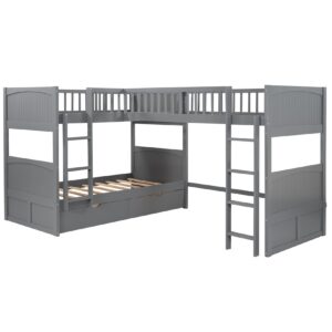 Triple Bunk Beds, L-Shaped Bunk Bed for 3 with Drawers,Twin Over Twin Wood Bunk Bed and Loft Bed with Storage for Kids, Boys, Girls, Teens, Adults, Gray