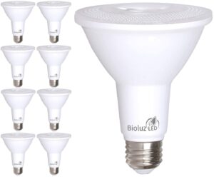 bioluz led 8-pack par30 led light bulbs, 10w = 100w replacement, 3000k soft white led light bulbs, 90 cri, dimmable, led flood light outdoor, spot lights indoor, ul listed, title 20 compliant