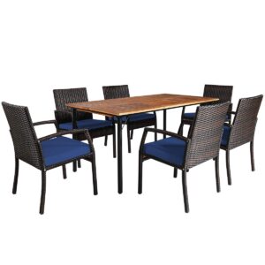 tangkula 7 pieces patio dining set, acacia wood wicker dining furniture set with sturdy steel frame & umbrella hole, outdoor dining table chair set with removable cushions for backyard, garden