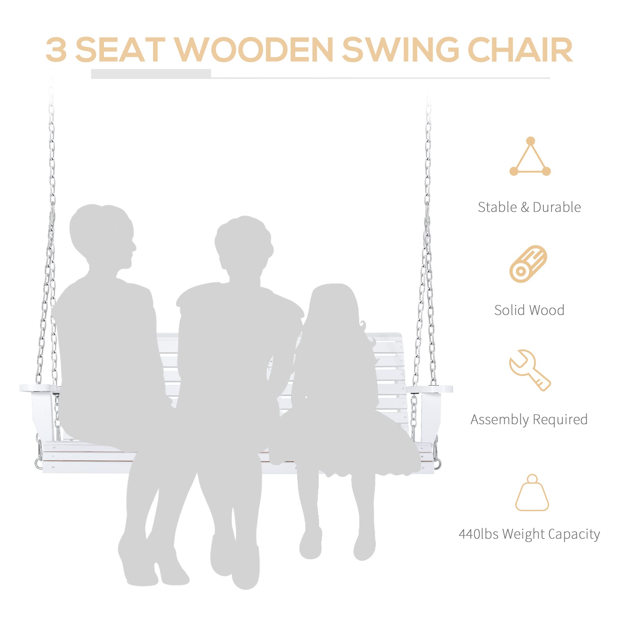 Outsunny 3-Seater Wooden Porch Swing, Patio Swing Bench with Folding Coffee Table, Cup Holders and Chains Included, 440lbs Weight Capacity, Natural