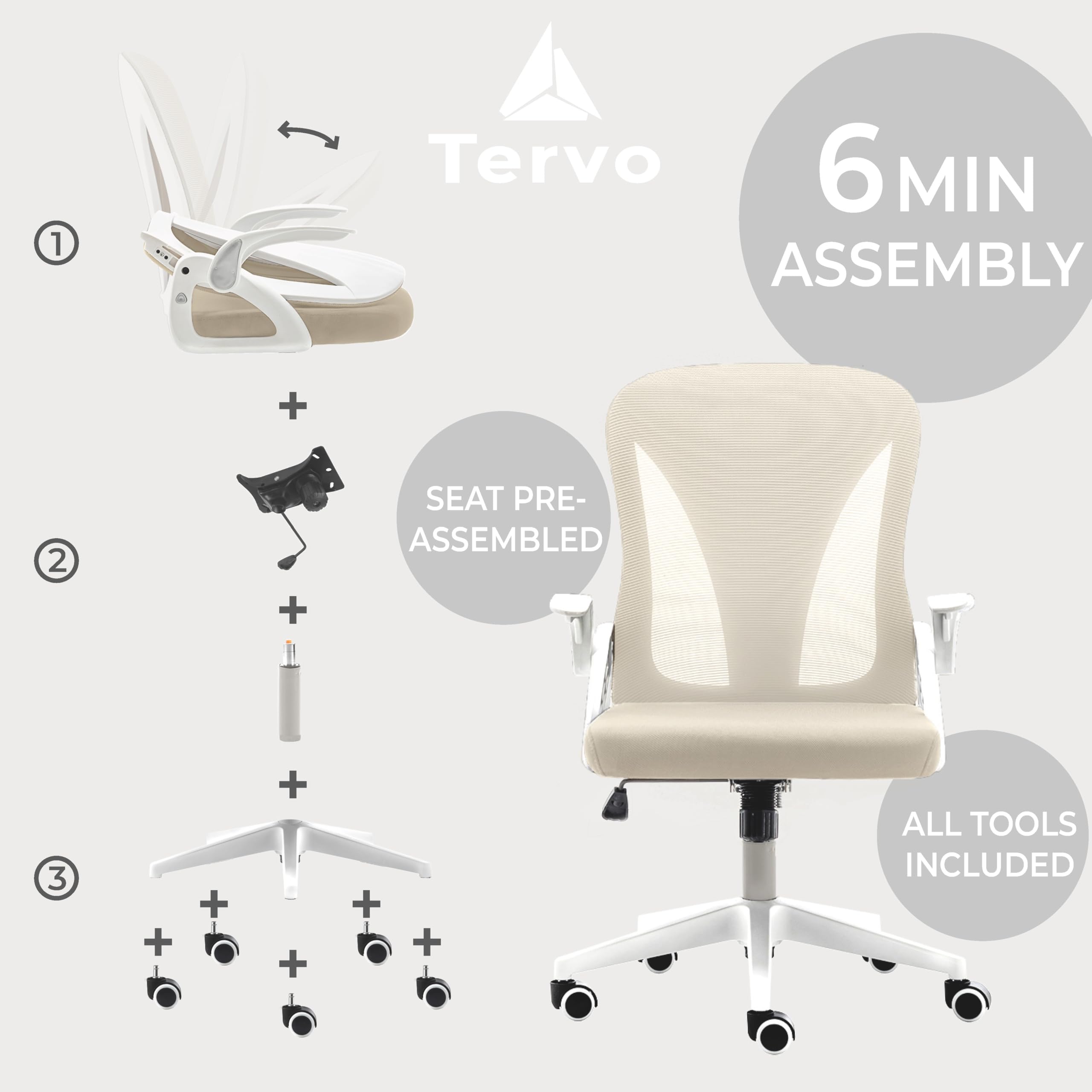 Tervo Office Chair | Foldable & Adjustable Height for Small Spaces | Gaming Chair | Swivel Desk Chair for Home Work | Ergonomic Mesh Computer Chair for Bedroom (Beige)