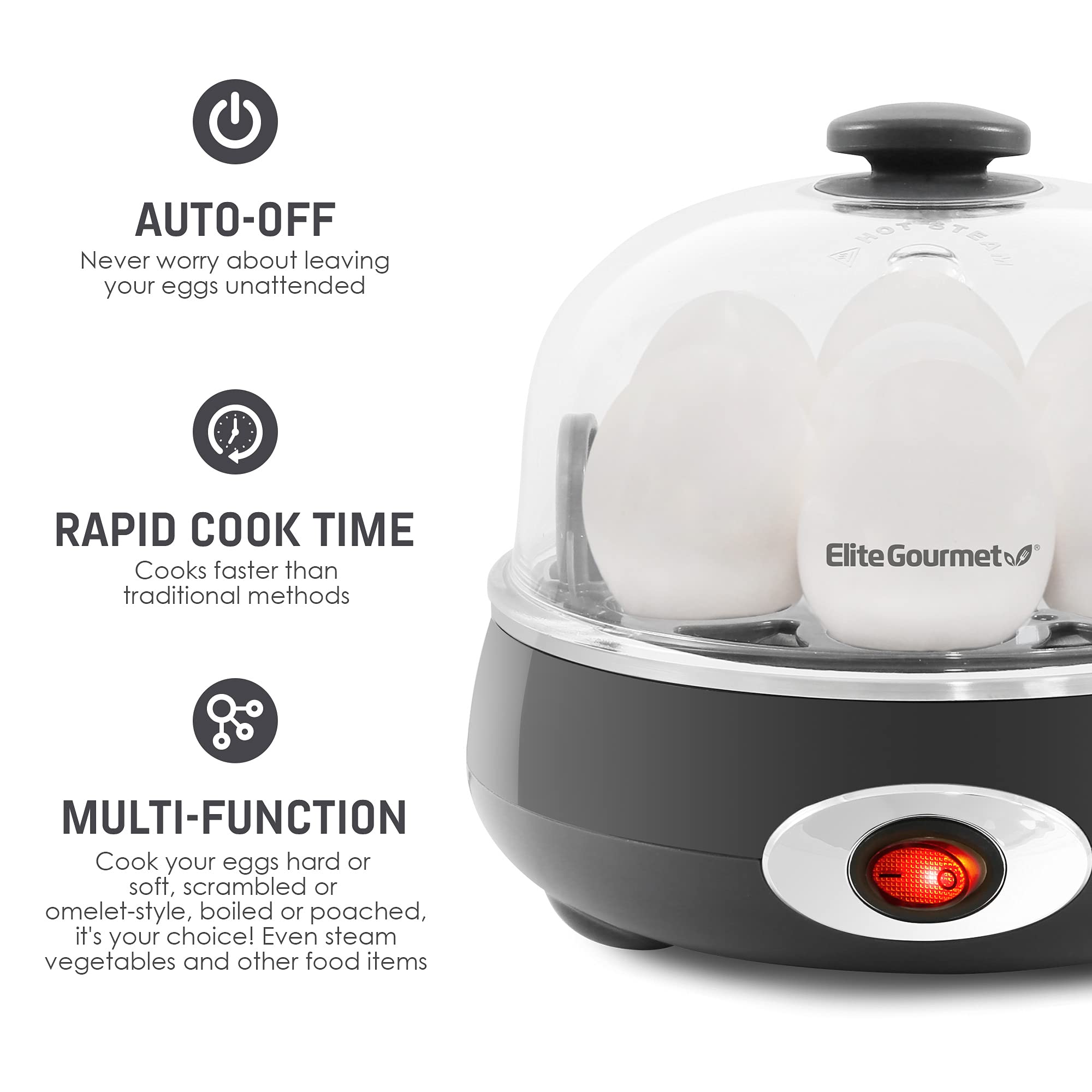 Elite Gourmet EGC007CHC# Rapid Egg Cooker, 7 Easy-To-Peel, Hard, Medium, Soft Boiled Eggs, Poacher, Omelet Maker, Auto Shut-Off, Alarm, 16-Recipe Booklet, Charcoal Grey