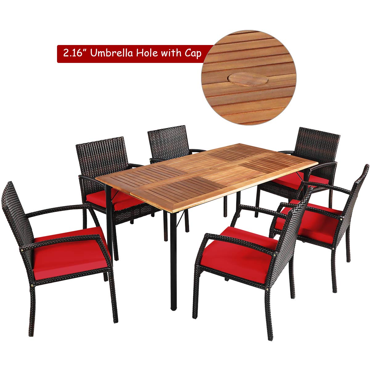 Tangkula 7 Pieces Patio Dining Set, Acacia Wood Wicker Dining Furniture Set with Sturdy Steel Frame & Umbrella Hole, Outdoor Dining Table Chair Set with Removable Cushions for Backyard, Garden