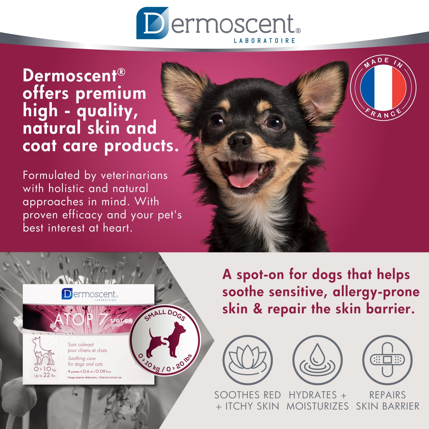 Dermoscent ATOP 7 spot-on - Dogs and Cats Up to 22lbs - Soothing Care for Sensitive, Dry and Itchy Skin or Allergy Prone Skin - Natural Ingredients - 4 pipettes