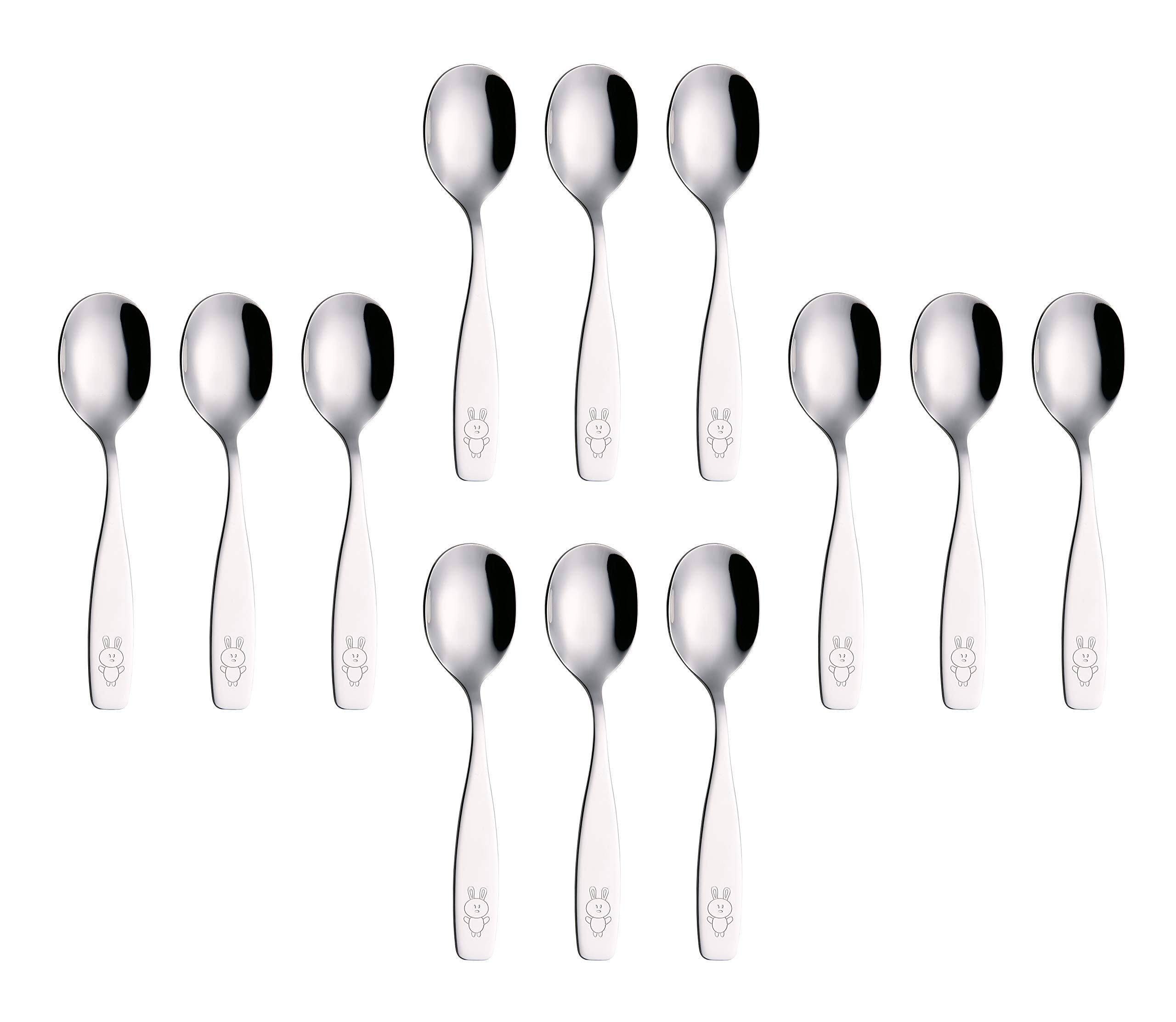 ANNOVA Kids Silverware Children's Safe Flatware Set Stainless Steel - 12 x Children Dinner Spoons, Toddler Utensils, Metal Cutlery Set for LunchBox (Engraved Dog Bunny) (Stainless Steel, 12 Spoons)