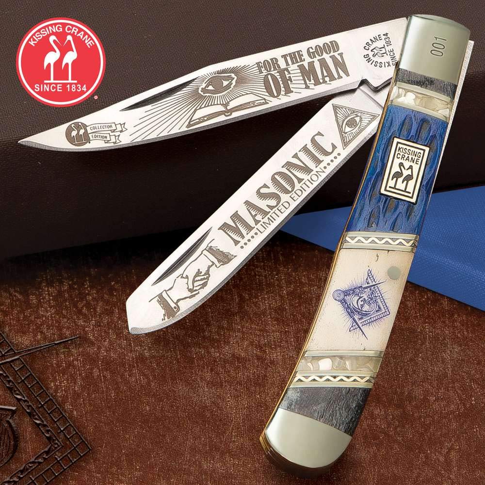 KISSING CRANE Trapper Knife - Masonic | Pocket Knife for Men | 4" Length When Closed | Mason Themed Etchings Heritage | Stainless Steel Blades| Heirloom Quality