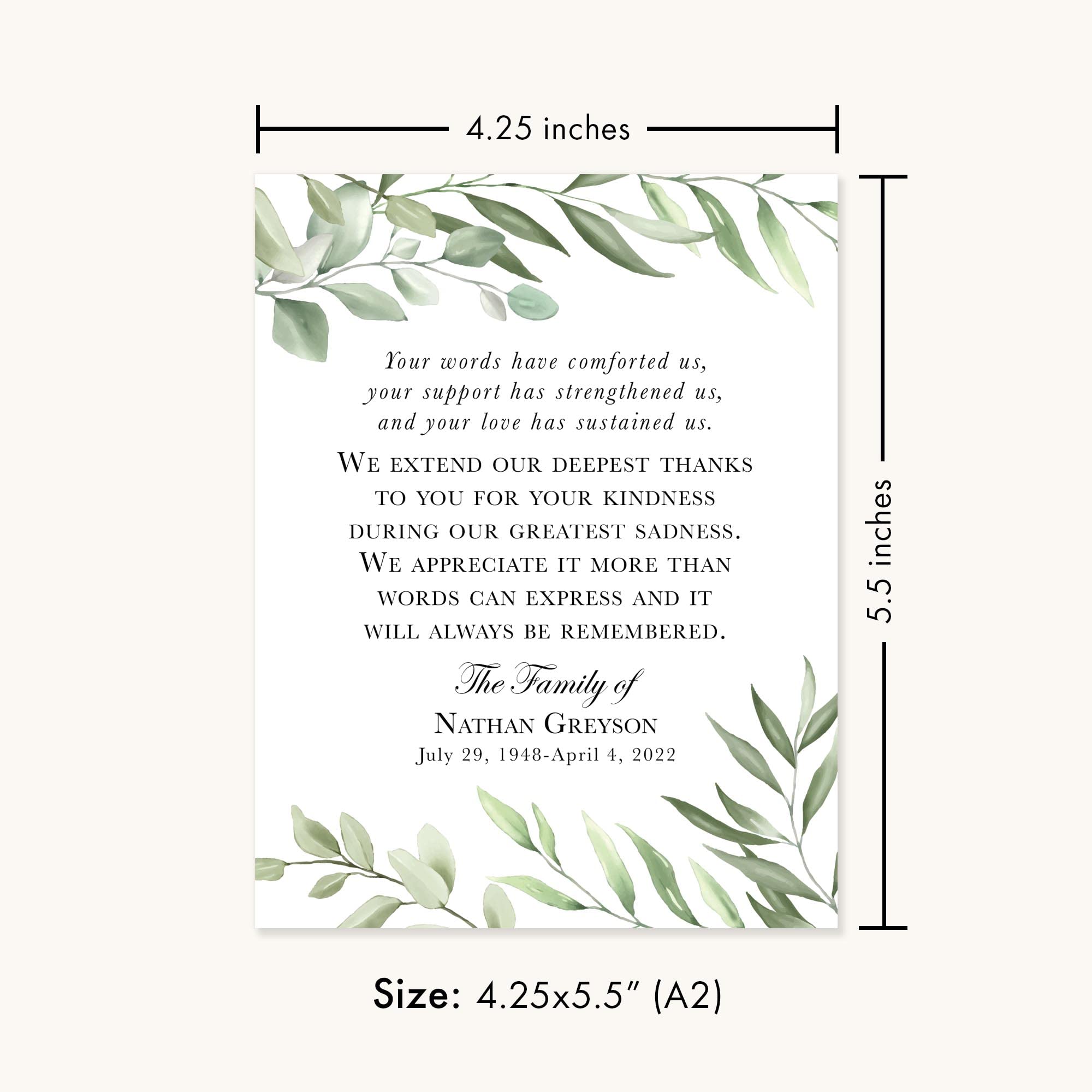 Hello Love Goods Greenery Funeral Thank You Cards, Sympathy Acknowledgement Cards, Bereavement Notes with Envelopes, 4.25x5.5 Flat Notecards