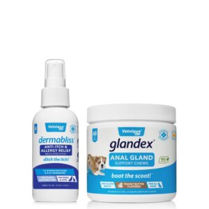 dermabliss anti-itch & allergy relief spray (4oz) and glandex anal gland support chews 60ct bundle vet-strength anal gland dog treats, hydrocortisone spray itch relief for dogs