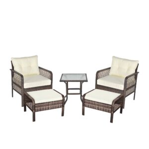 outsunny 5-piece pe wicker patio furniture set, conversation set with outdoor ottomans, table & chairs, small balcony furniture for apartments, steel, cream white