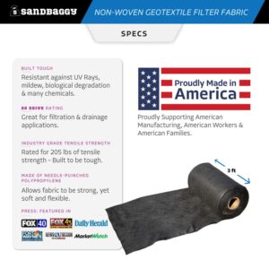 Sandbaggy Non Woven 8 oz Geotextile Landscape Fabric | Made in America | 50 Year Fabric | Industrial Grade Fabric | 205 Lbs of Tensile Strength | UV Protected | Approved by DOT (3 ft x 100 ft Roll)