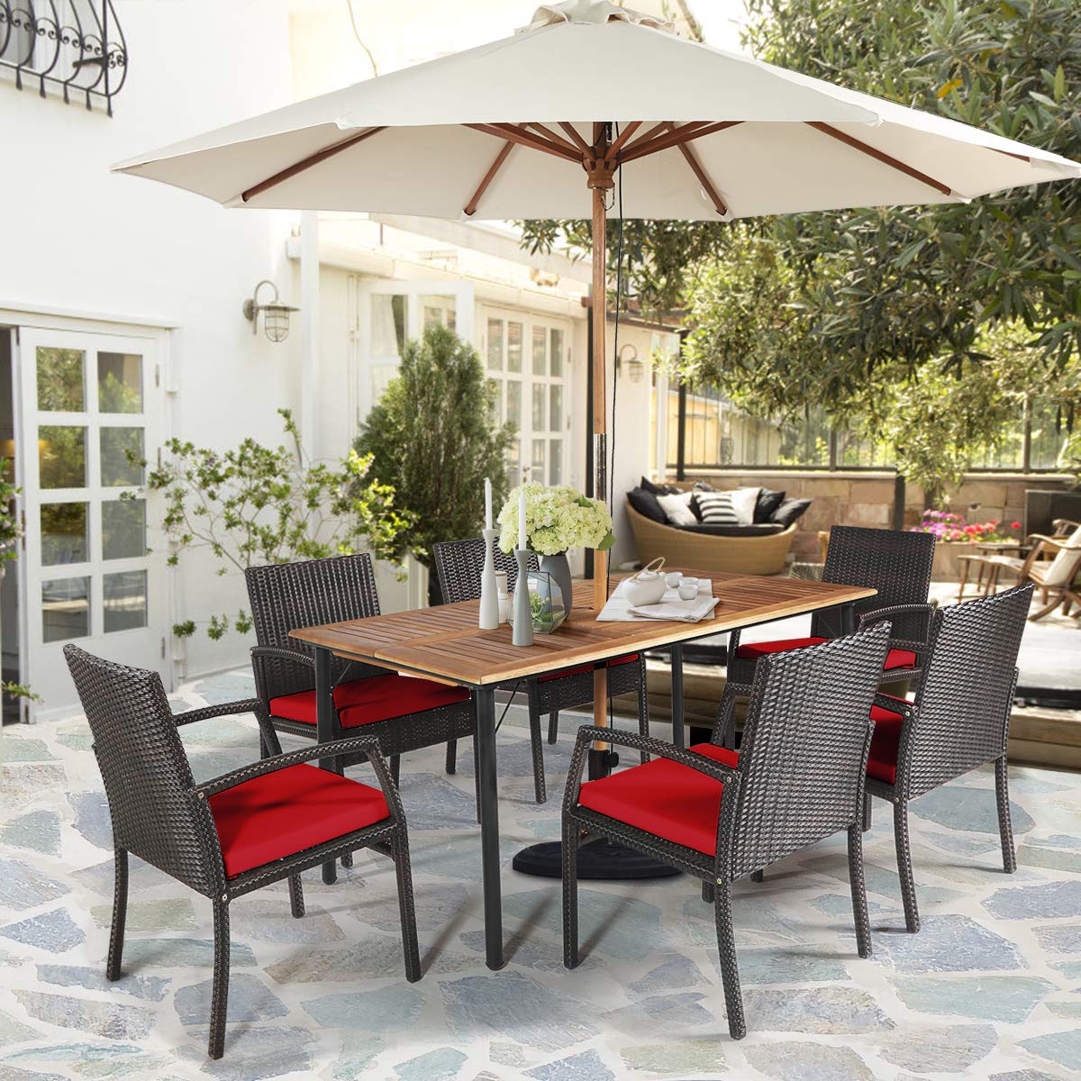 Tangkula 7 Pieces Patio Dining Set, Acacia Wood Wicker Dining Furniture Set with Sturdy Steel Frame & Umbrella Hole, Outdoor Dining Table Chair Set with Removable Cushions for Backyard, Garden