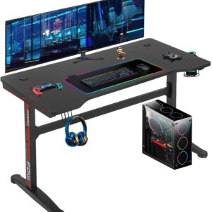 Computer Desk Gaming Desk 47 inches Office Desk Carbon Fiber Cup Holder and Socket Rack Full-Surface Mouse Pad