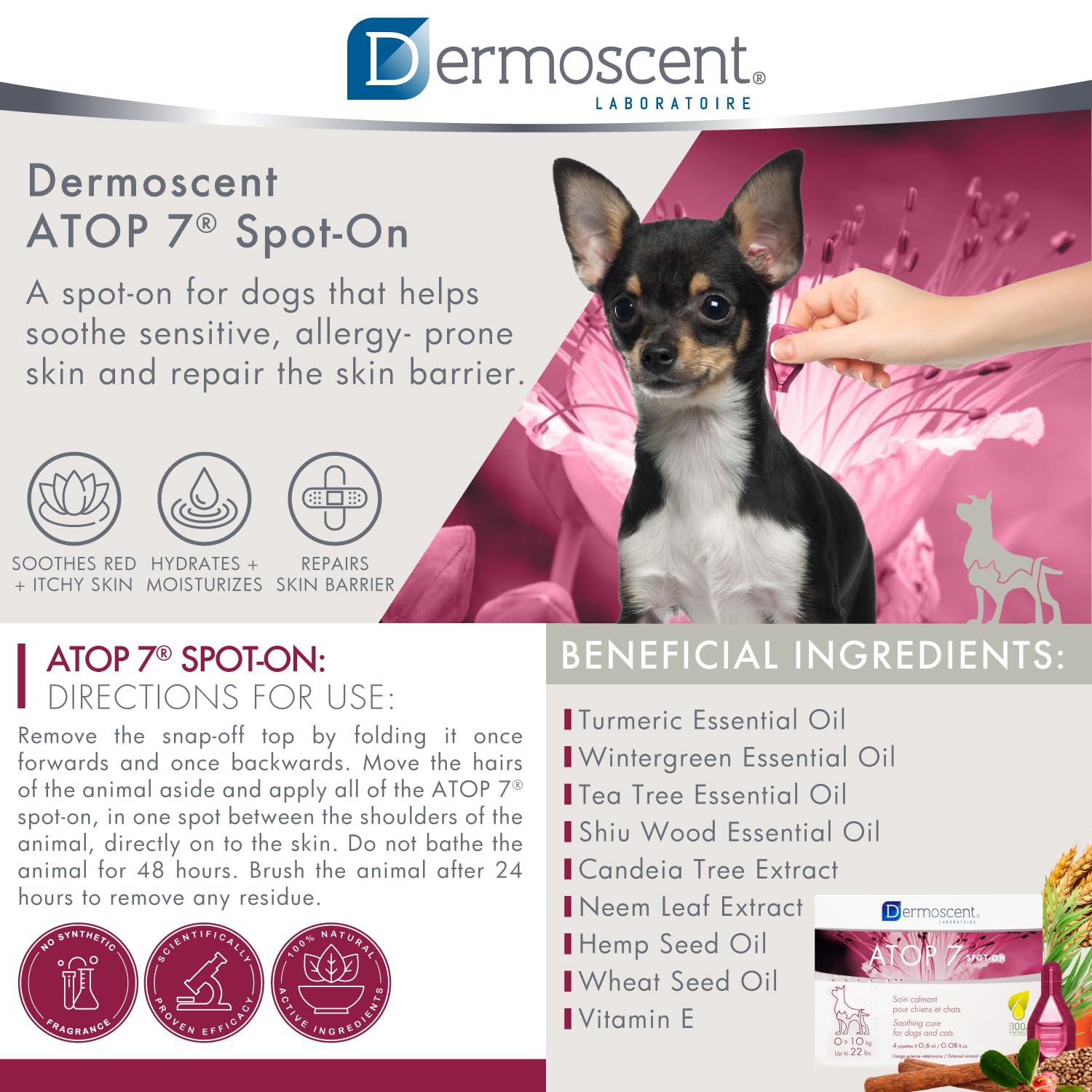 Dermoscent ATOP 7 spot-on - Dogs and Cats Up to 22lbs - Soothing Care for Sensitive, Dry and Itchy Skin or Allergy Prone Skin - Natural Ingredients - 4 pipettes