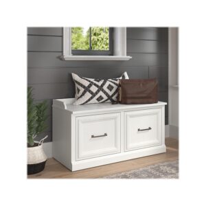 Bush Furniture Woodland 40W Shoe Storage Bench with Doors in White Ash | Footwear Organizer for Home Entryway, Mudroom, and Foyer