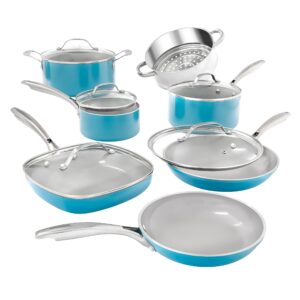 gotham steel aqua blue pots and pans set, 12 piece nonstick ceramic cookware, includes frying pans, stockpots & saucepans, stay cool handles, oven & dishwasher safe, 100% pfoa free, turquoise