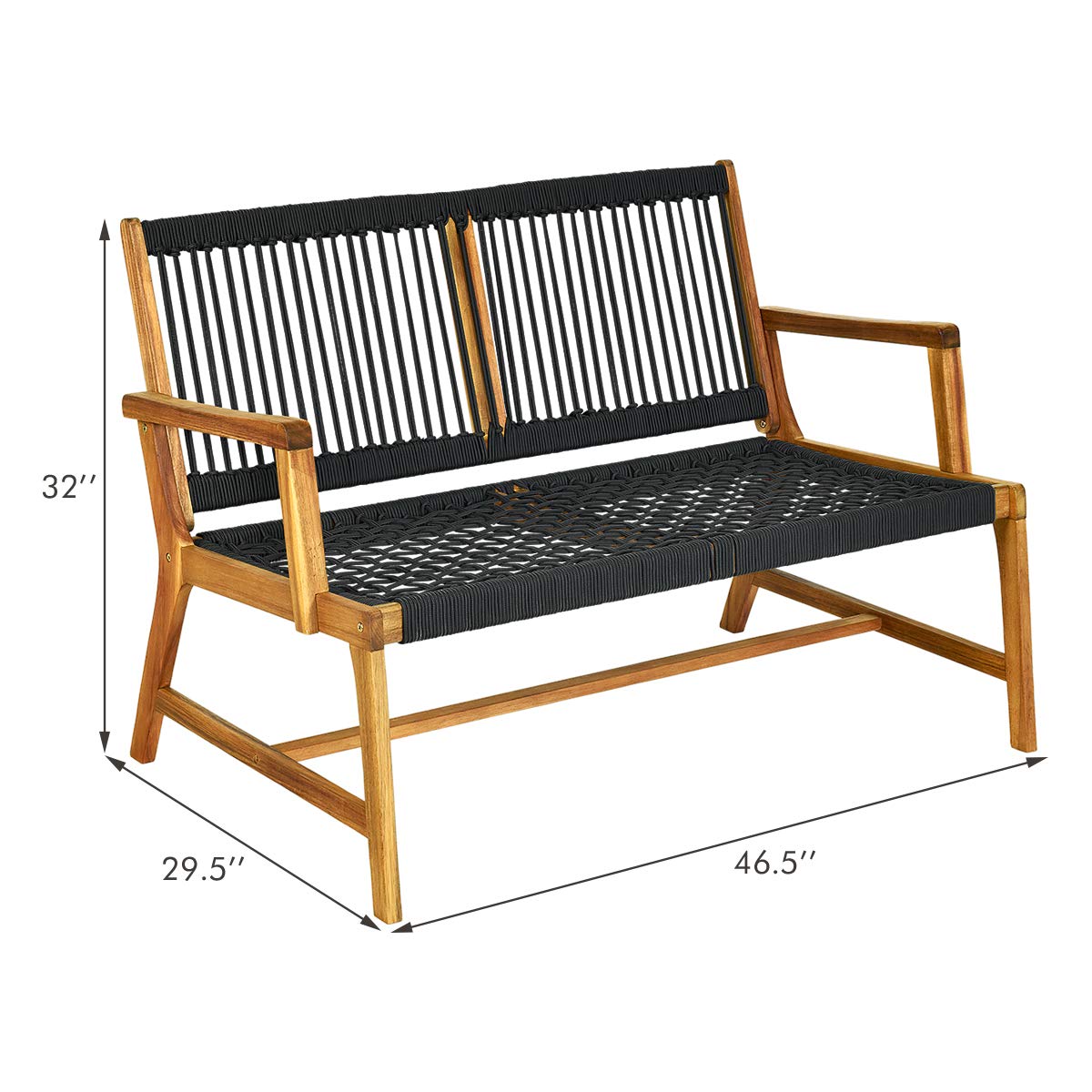 Tangkula 2-Person Patio Acacia Wood Bench Loveseat Chair, Outdoor Patio Bench Acacia Wood Bench in Teak Oil Finish, Patio Loveseat Rope Bench for Balcony Deck Poolside Porch (Black)