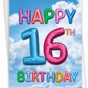 NobleWorks - 16th Happy Birthday Notecard with Envelope - Fun Bday Card for Birthdays, Milestone Celebration for 16 Year Old - Inflated Messages 16 (Not Actual Balloons, 3D or Raised) C9392MBG