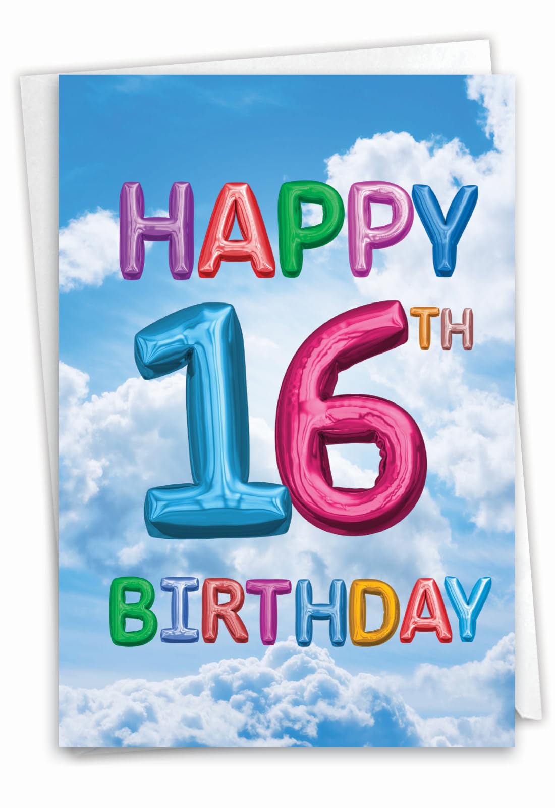 NobleWorks - 16th Happy Birthday Notecard with Envelope - Fun Bday Card for Birthdays, Milestone Celebration for 16 Year Old - Inflated Messages 16 (Not Actual Balloons, 3D or Raised) C9392MBG