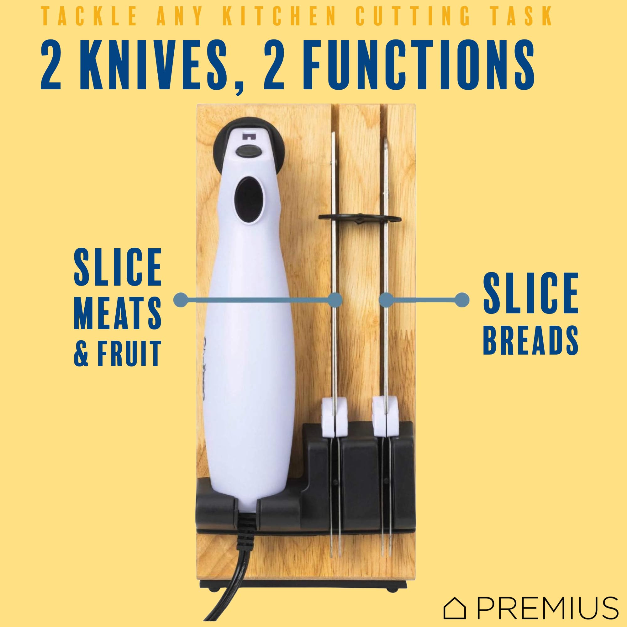 SERRATED CARVING ELECTRIC KNIFE SET By Chef PRO, With Wooden Storage Block, 2 Interchangeable Stainless-Steel Blades, Precise Cutting and Carving of Meats, Fruits, Breads, Comfortable Design, White