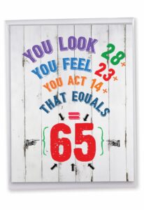 nobleworks - jumbo card for 65th birthdays (8.5 x 11 inch) - fun milestone birthday celebration, big group 65 year old greeting from all of us - age equation 65 j9421mbg-us