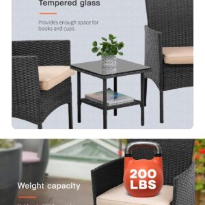 FDW Patio Furniture Sets,3 Pieces Outdoor Wicker Bistro Set Rattan Chair Conversation Sets with Coffee Table for Yard/Backyard Lawn Porch Poolside Balcony,Black