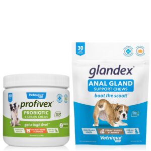 vetnique profivex 5-strain probiotic soft chews (60ct) & glandex anal gland support peanut butter soft chews (30ct peanut butter) for dogs bundle