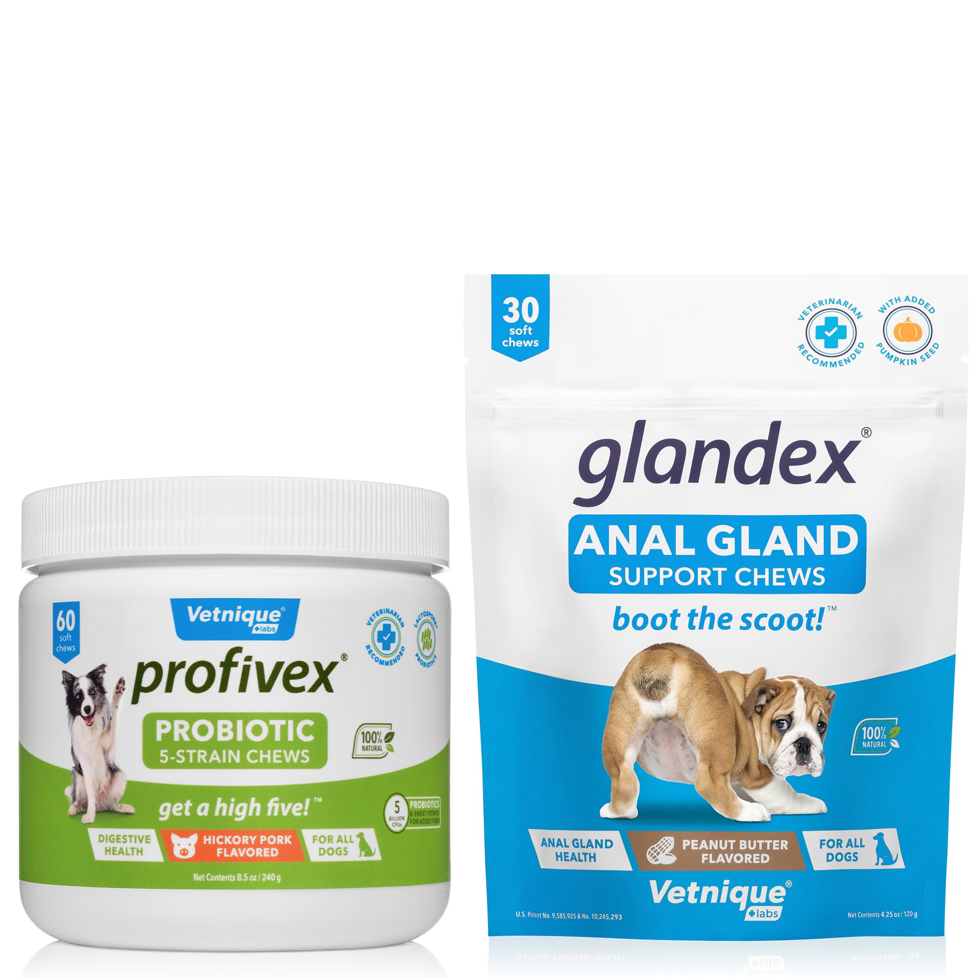 VETNIQUE Profivex 5-Strain Probiotic Soft Chews (60ct) & Glandex Anal Gland Support Peanut Butter Soft Chews (30ct Peanut Butter) for Dogs Bundle