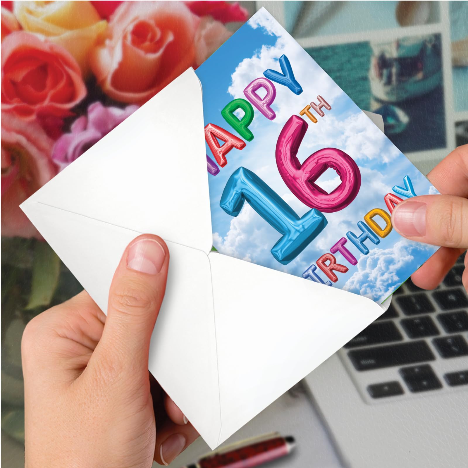 NobleWorks - 16th Happy Birthday Notecard with Envelope - Fun Bday Card for Birthdays, Milestone Celebration for 16 Year Old - Inflated Messages 16 (Not Actual Balloons, 3D or Raised) C9392MBG