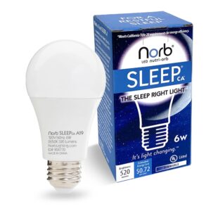 low blue sleep light bulb - norbsleep low-blue light bulb for bedtime, evening and night, for restful, healthy sleep for all ages (baby, children, adults), produces natural melotonin (6w 1-pack)