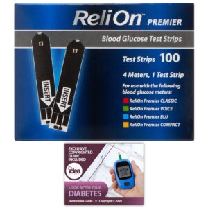 reli on premier blood glucose testing strips | glucose test strips | test strips for diabetes | blood sugar strips | diabetic test strips | relion premier test strips 100 count 1 pack + b. idea guide